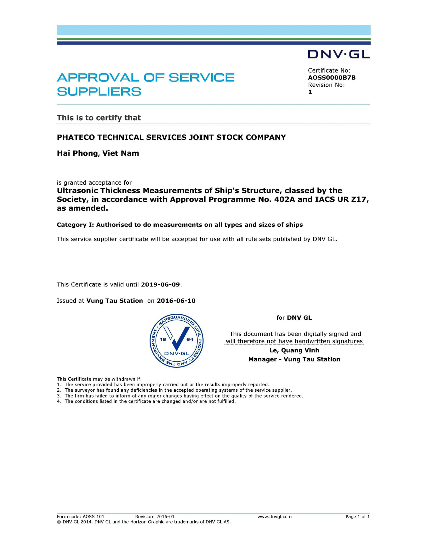 Licenses/Certificates - Công ty Cổ phần Dịch vụ Kỹ thuật PHATECO